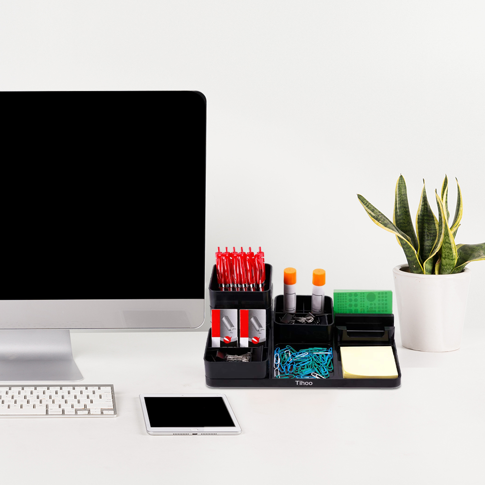 Multifunction Desktop Organizer with Charger Ports, Set of 7, Black