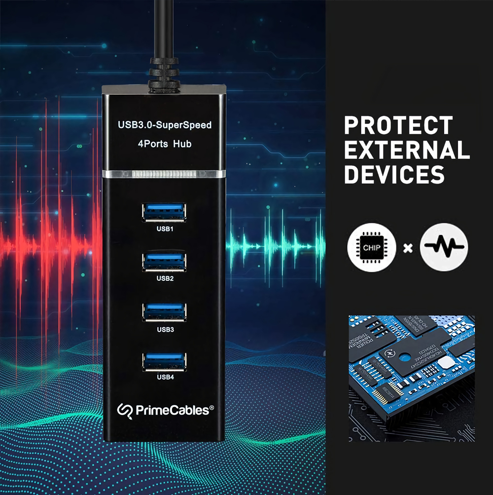 4-Port USB 3.0 High Speed Portable Hub, Black - PrimeCables®