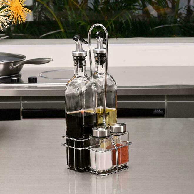 5-Piece Oil and Vinegar Dispenser Salt and Pepper Shakers Set with Rack ...